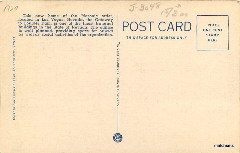 1940s Reno Nevada Masonic Temple Boulder Dam Teich linen postcard 8609 ...
