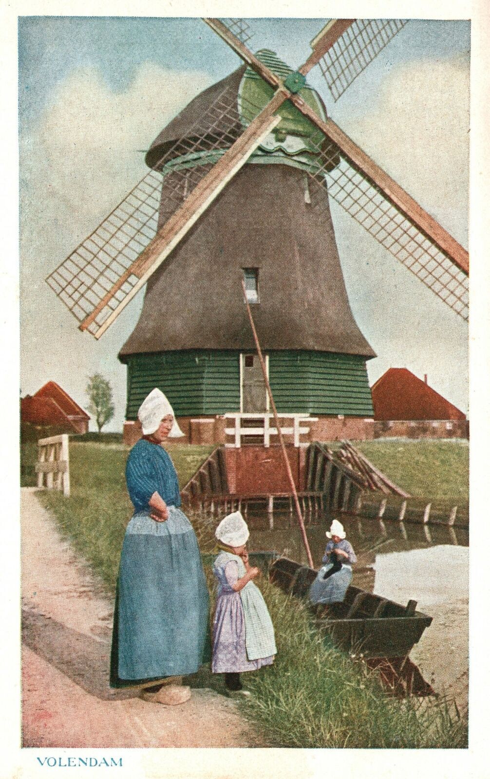 Vintage Postcard Watermolen Volendam Windmill Dutch Mother & Daughter ...