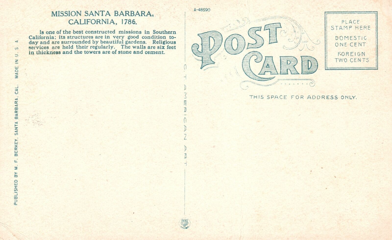 Vintage Postcard 1920's View of Mission Santa Barbara California CA ...