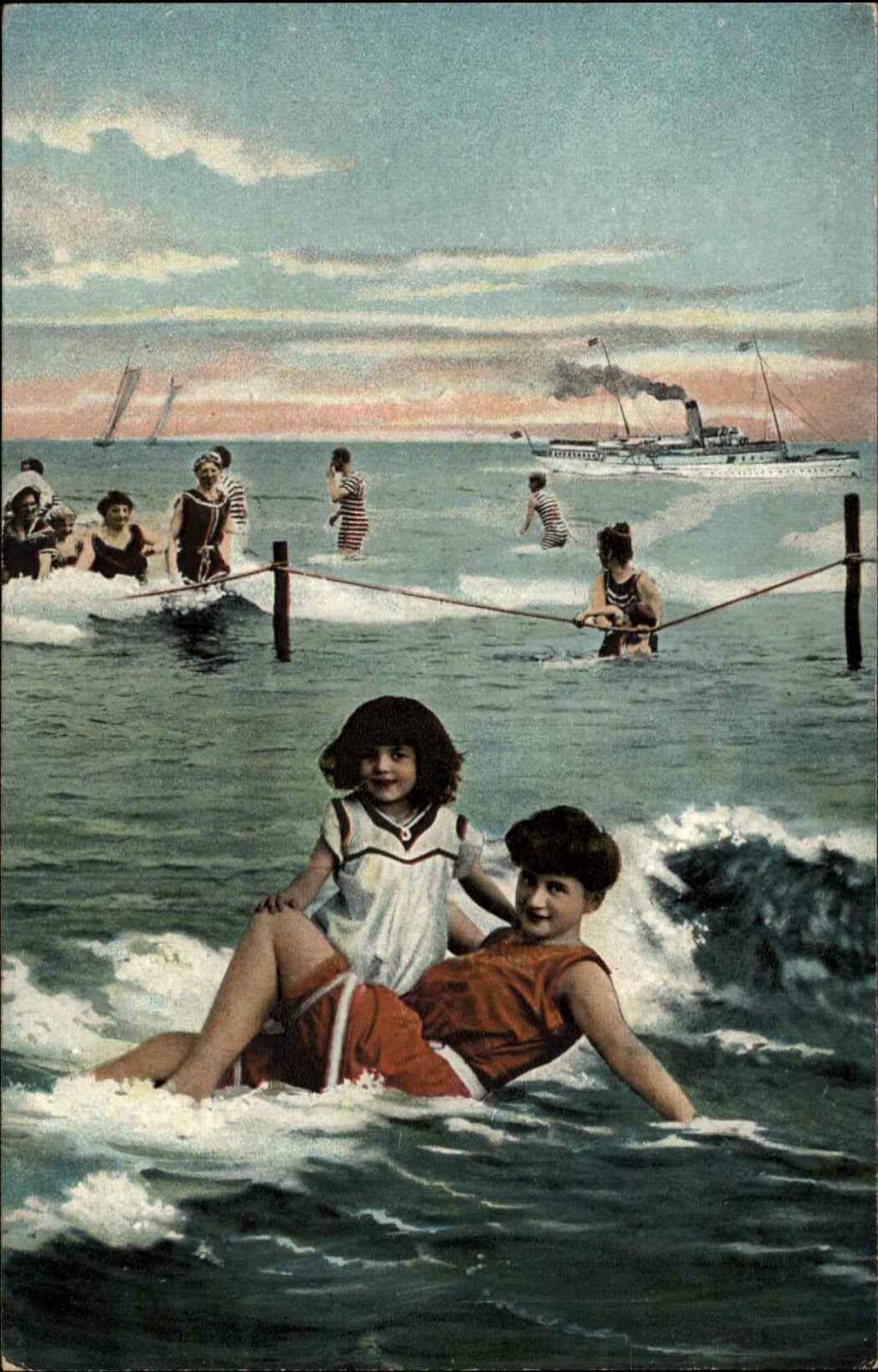 RISQUE Bathing Beauty in Waves w Little Girl c1910 Postcard | Topics ...