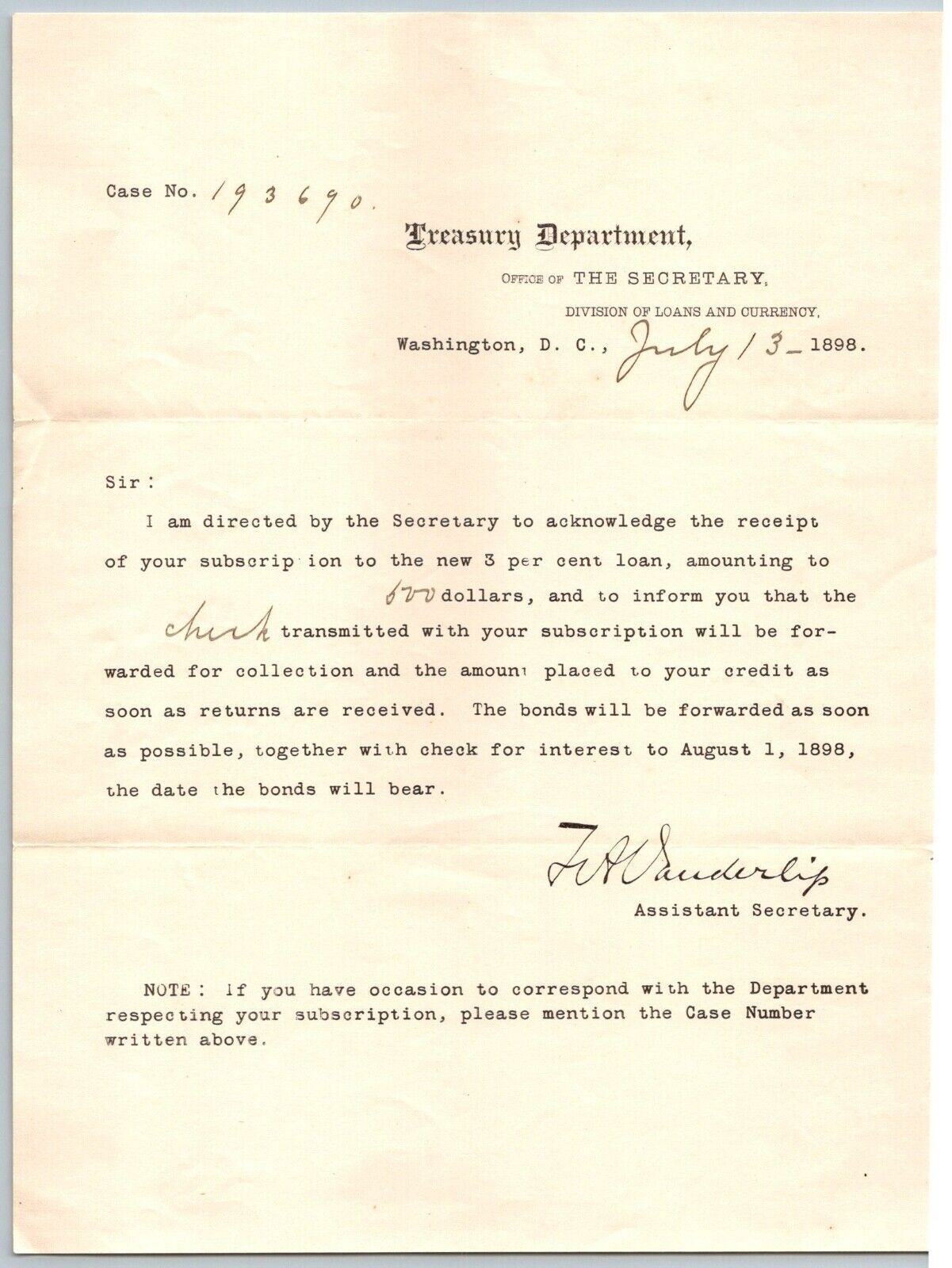 1898 Treasury Department Washington DC Letter 8" x 10" | Ephemera ...