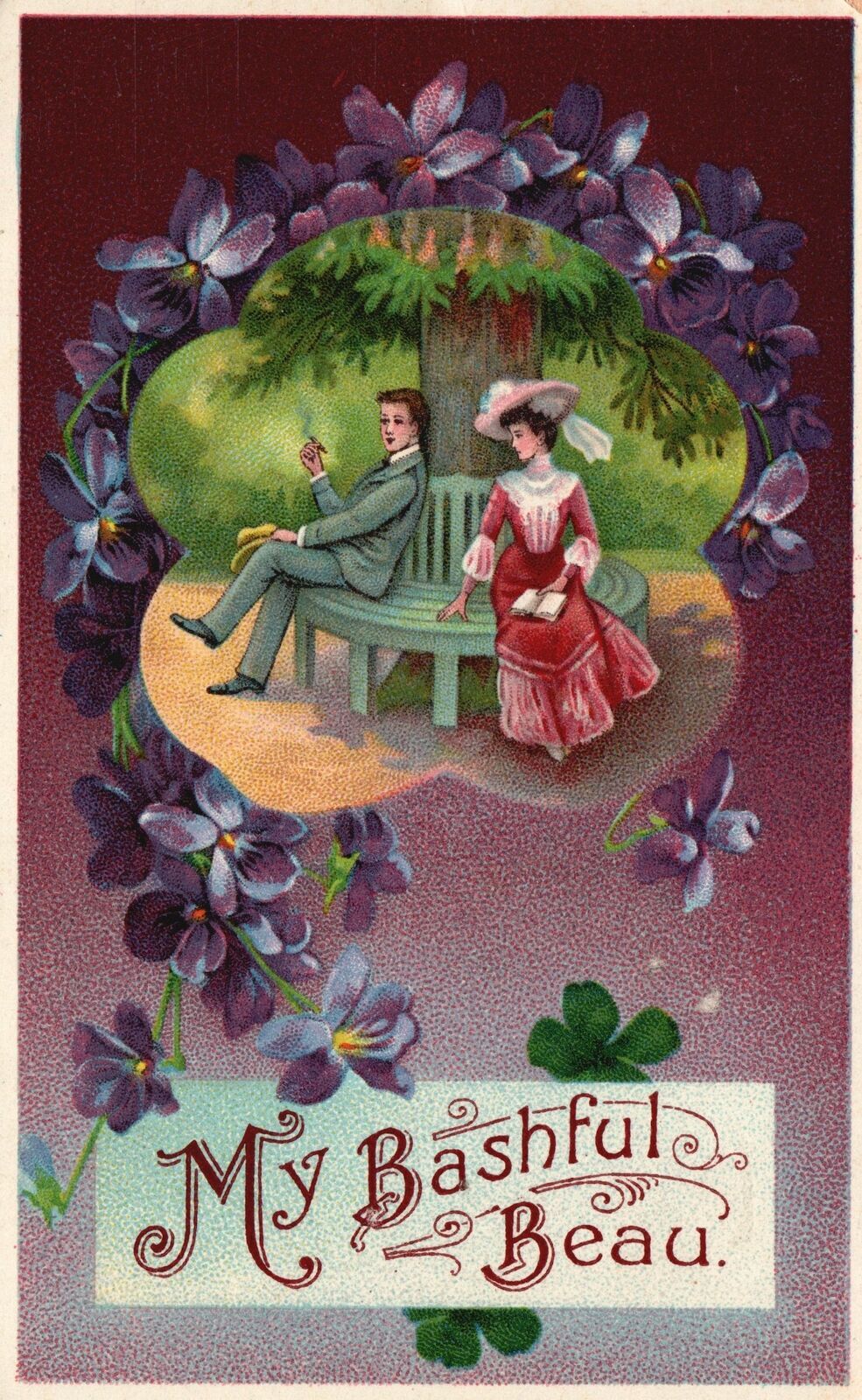 Vintage Postcard My Bashful Beau Lovers Sitting On Bench Under The Big ...