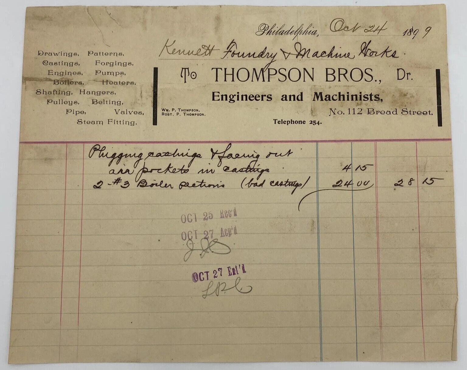 Antique Thompson Engineers Machinists Bill 1899 Philadelphia | Ephemera ...