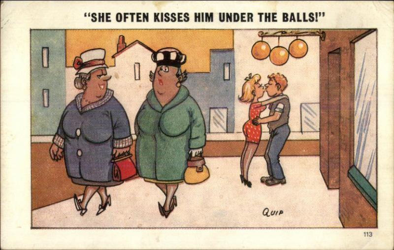 Sexual Innuendo - Couple Kissing Under Balls Comic Postcard | Topics ...