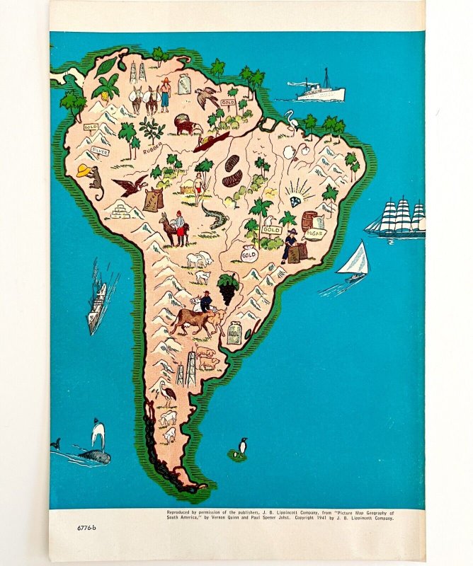 South America Pictorial Interpretive Map 1940s Geographic History Print ...