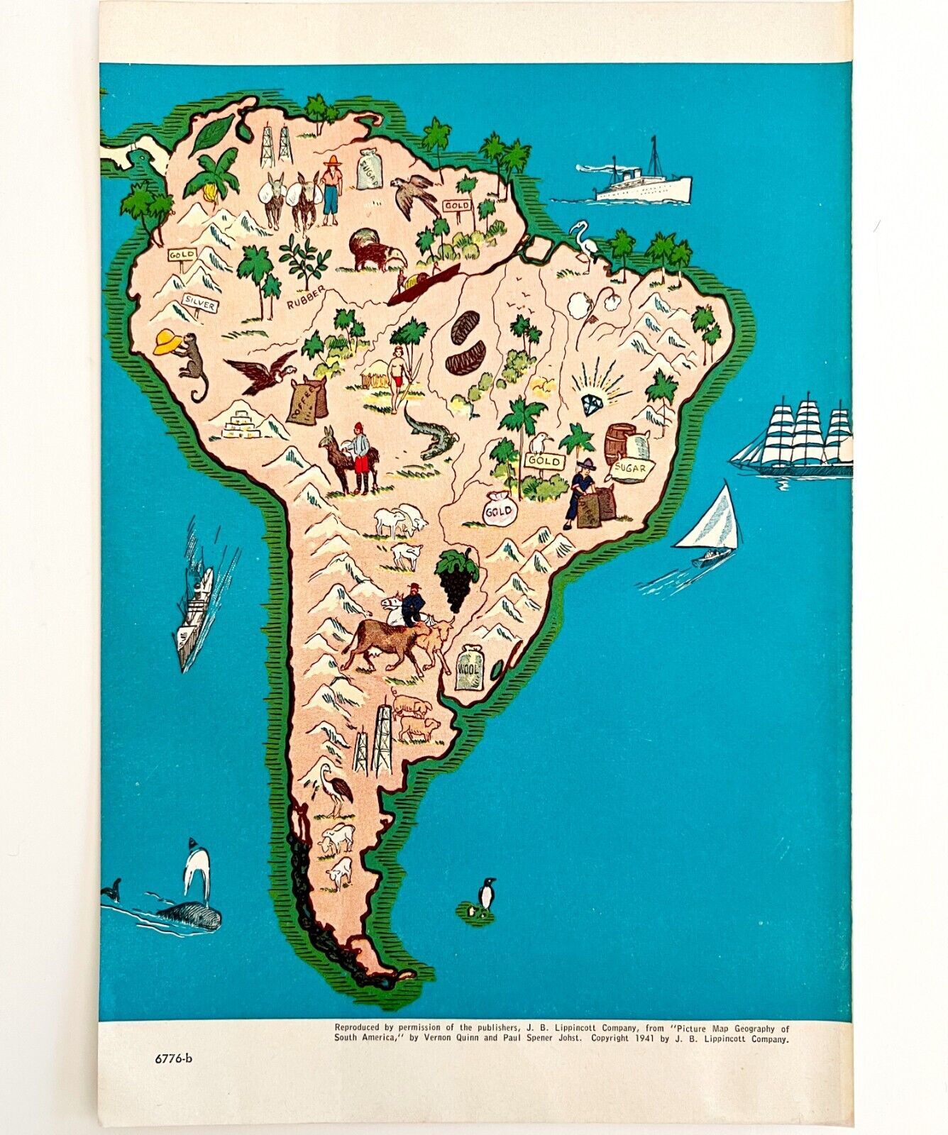 South America Pictorial Interpretive Map 1940s Geographic History Print ...