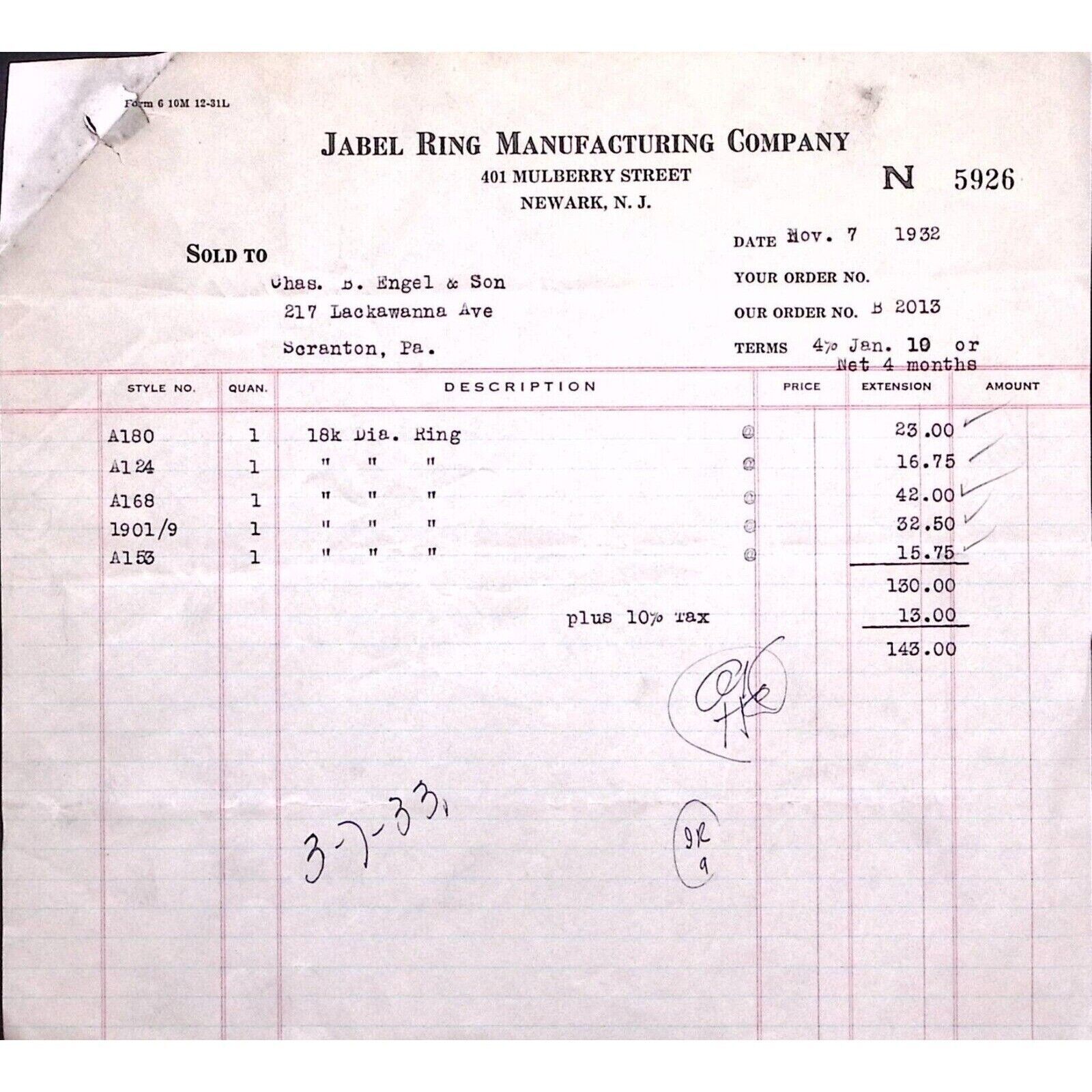 1932 Newark New Jersey Jabel Ring Manufacturing Company Billhead ...