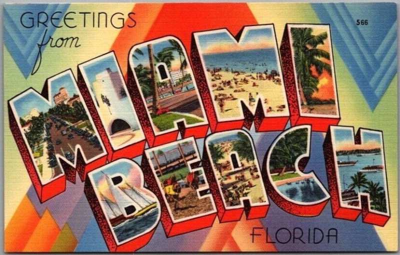 1950s MIAMI BEACH Florida Large Letter Greetings Postcard Tichnor Linen ...