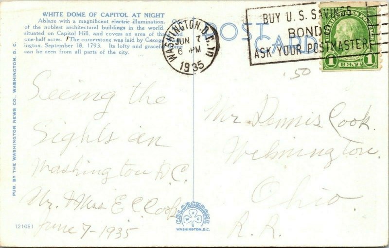 Vintage 1935 US Capitol at Night Washington DC Postcard | United States ...