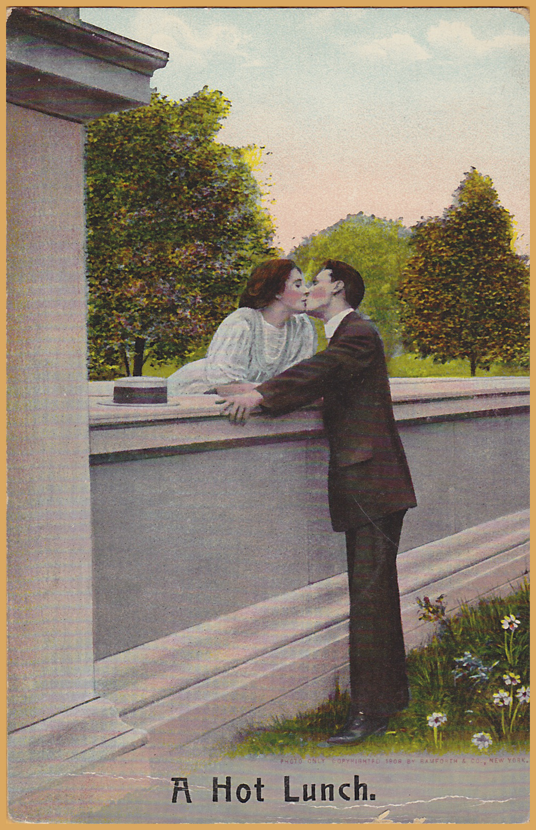 Vintage Romance-"Hot Lunch" Man kissing lady over wall. | Topics ...