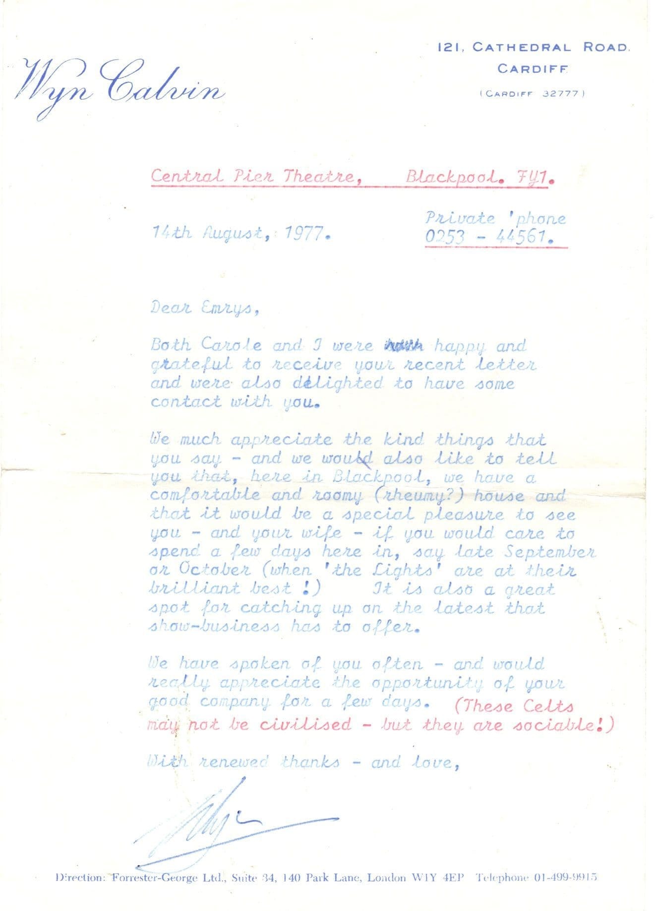 Wyn Calvin Welsh Theatre TV Comedian Stay At My House Signed 1977 ...