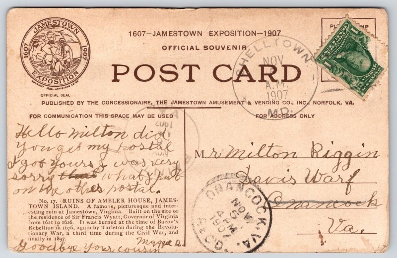 Vintage Postcard 1907 The Ambler Family of Jamestown Colonial Ghosts ...