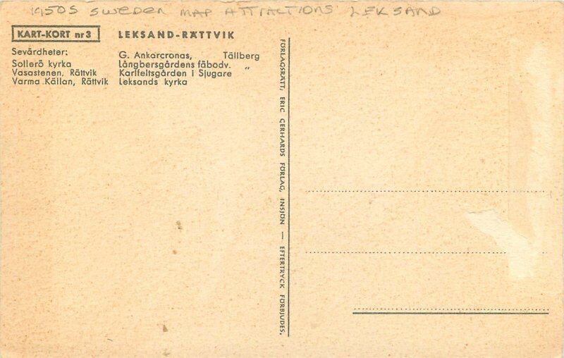 Sweden 1950s Map Attractions Leksand Postcard 22-8990 | Europe - Sweden ...