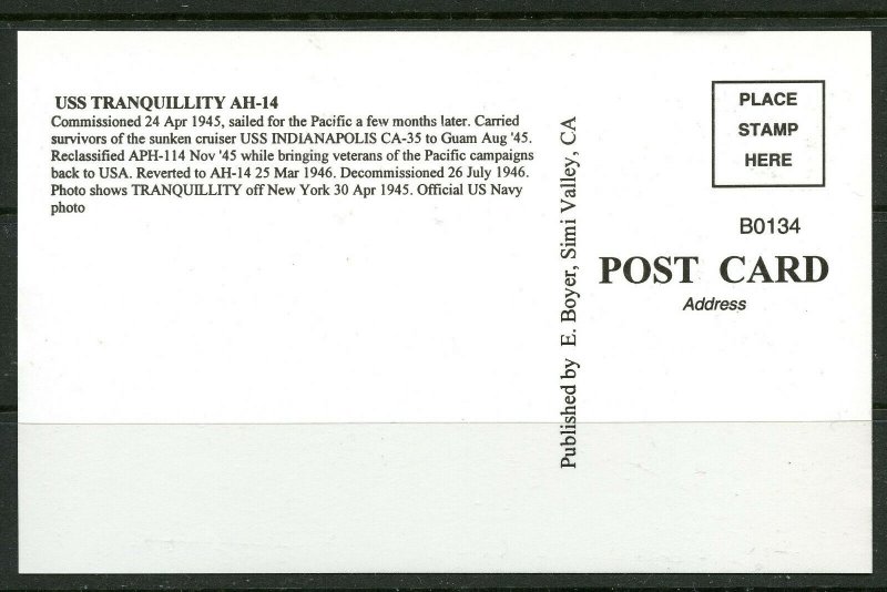 Hospital Ship USS Tranquillity AH-14 postcard US Navy | Topics ...