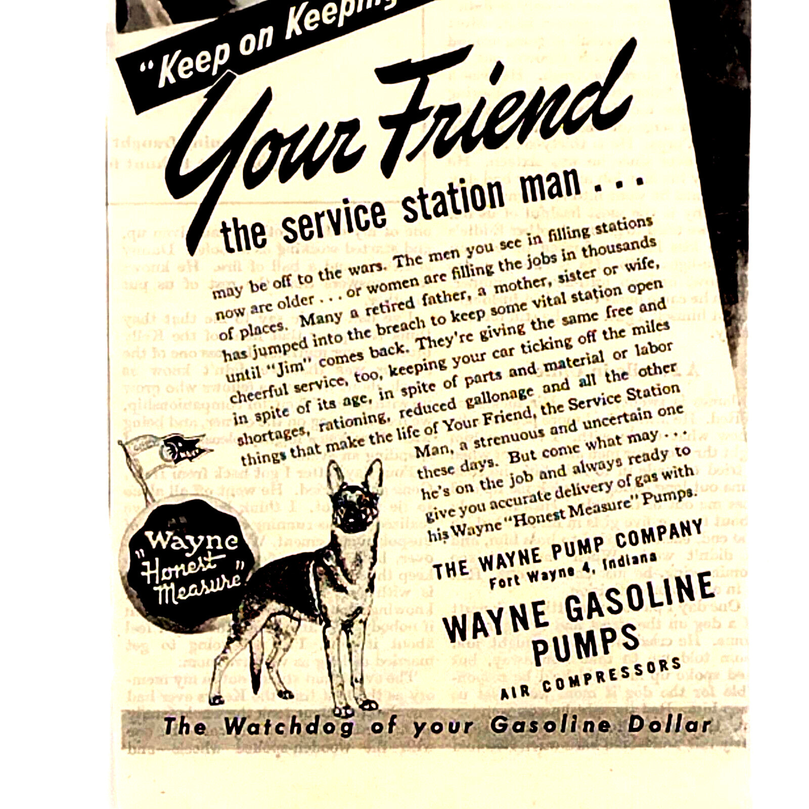 1944 Wayne Pump Company Vintage Print Ad WW II Service Station Man War ...