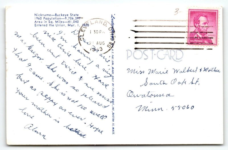 Ohio Map Postcard Chrome Cardinal Bird State Flower Carnation Flag 1953 ...