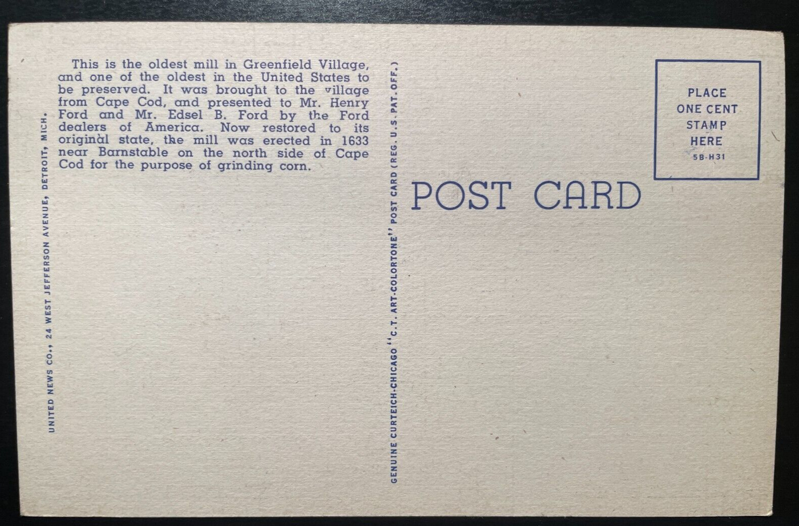 Vintage Postcard 1945 Cape Cod Windmill, Greenfield Village, Dearborn ...