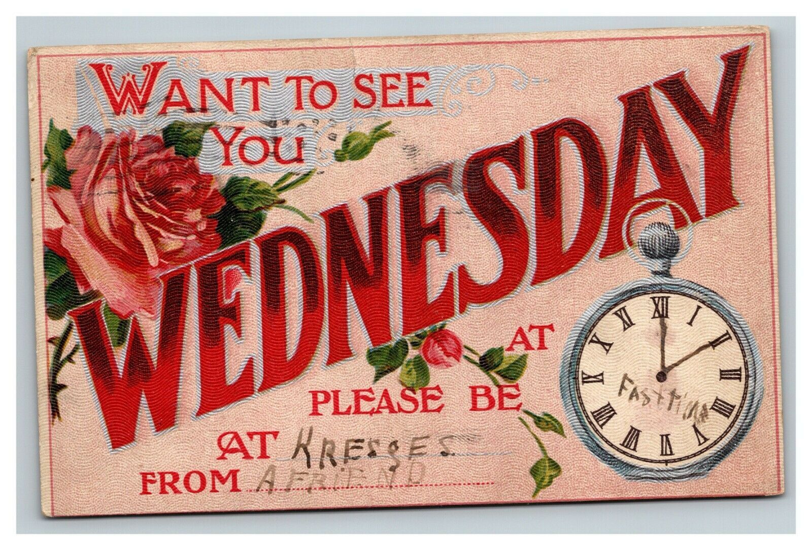 Vintage 1910's Wednesday Appointment Postcard Hand Drawn Hands for Time ...