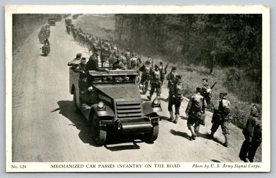 WW2 US Army Signal Corp. Postcard - Mechanized Car Passes Infantry ...