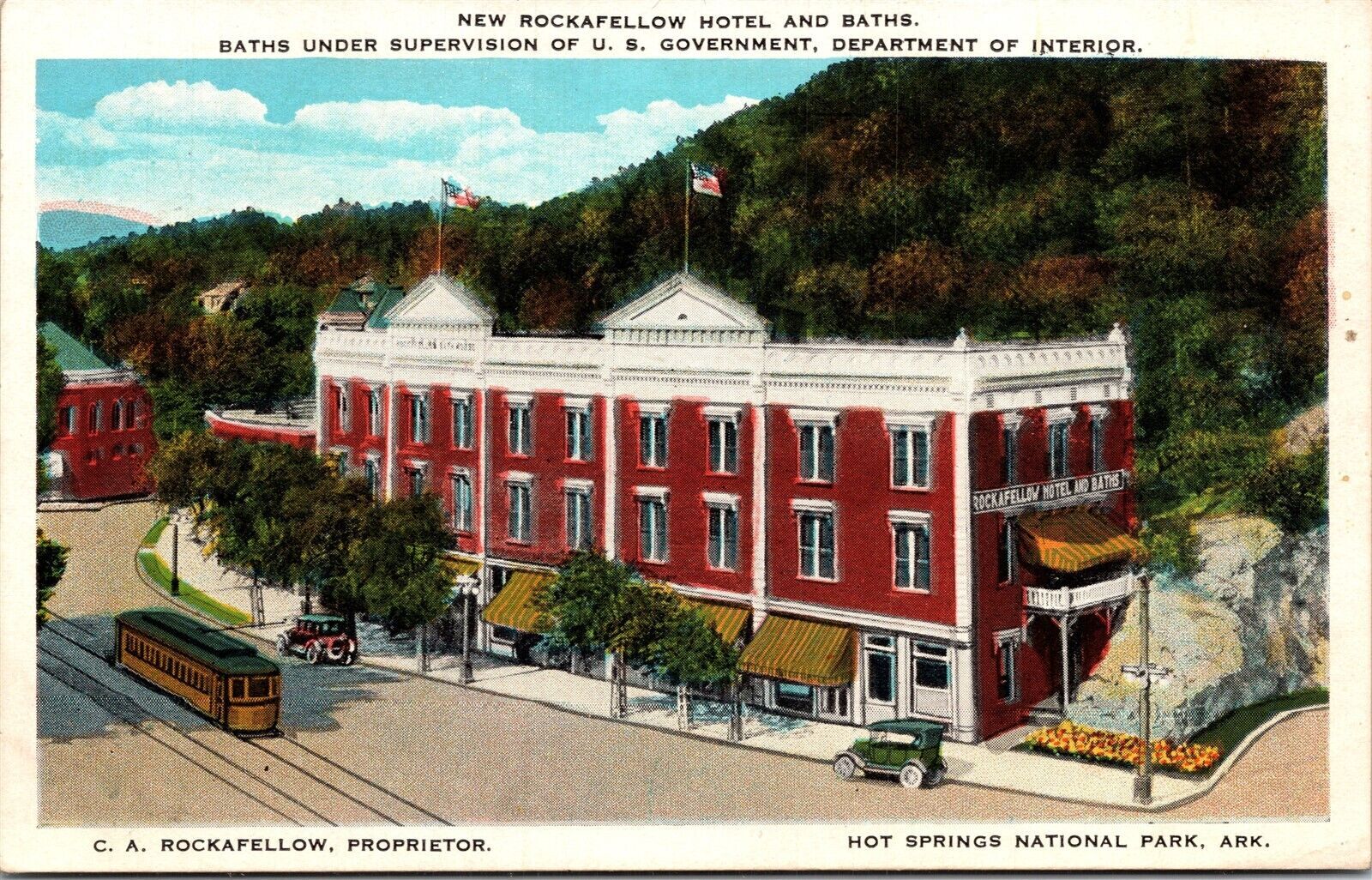 Postcard AR Hot Springs National Park New Rockafellow Hotel Sreetcar ...