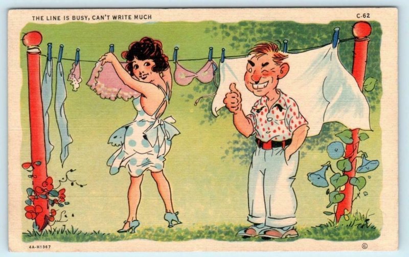 Ray Walters Line Comics Risque Clothesline C 62 Ca 1940s Linen Postcard