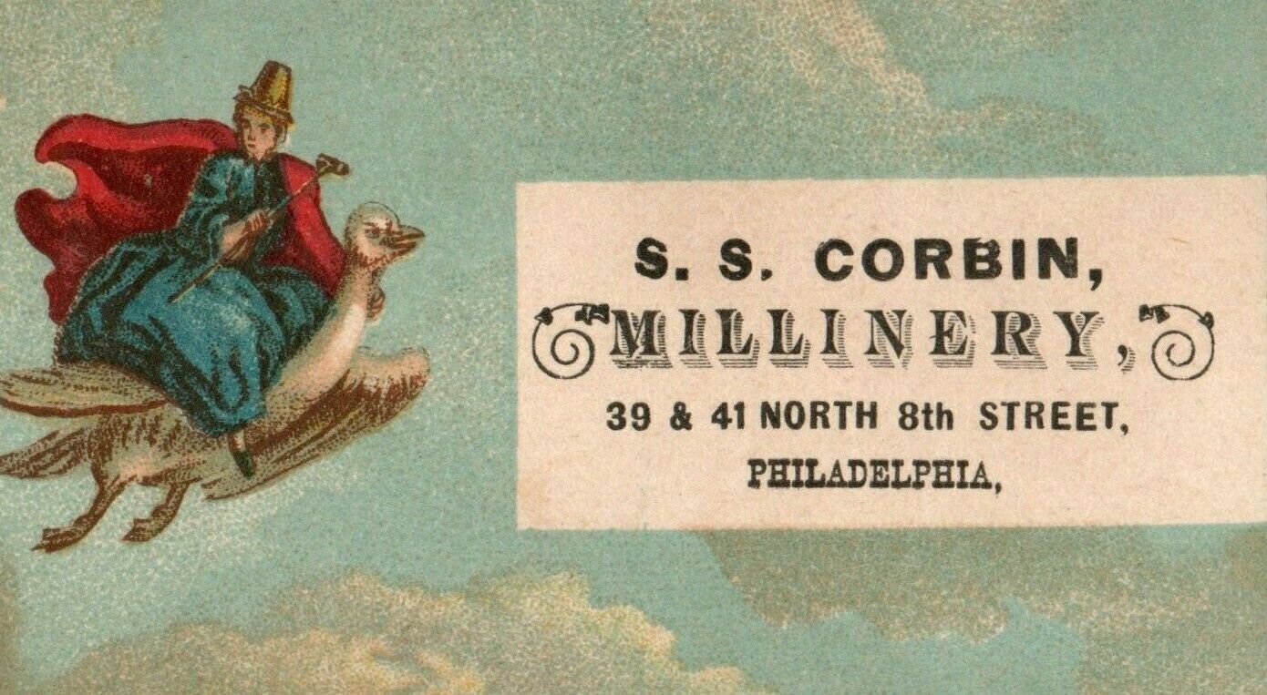 Victorian Trade Card for S.S Corbin Millinery Mother Goose Flying on ...
