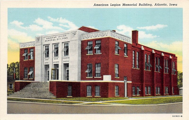 Atlantic Iowa 1930s Postcard American Legion Memorial Building ...