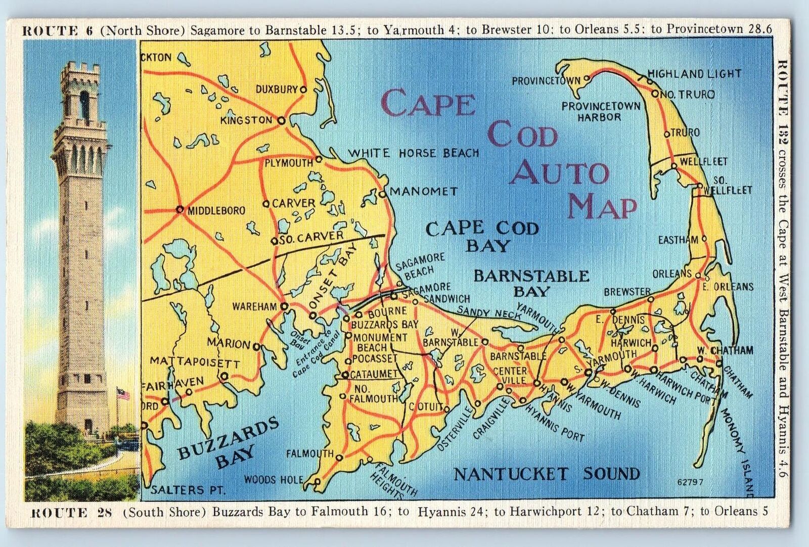 c1940's Cape Cod Auto Map Route #1 & Route #2 Cape Cod Massachusetts MA ...