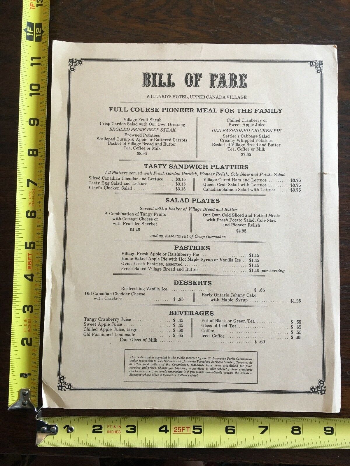 Willard's Hotel Bill of Fare Menu St. Lawrence Parks in English and ...
