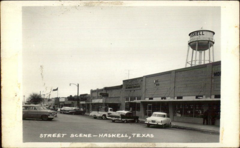 Haskell TX Street Scene Water Tower Cars Real Photo Postcard | United ...