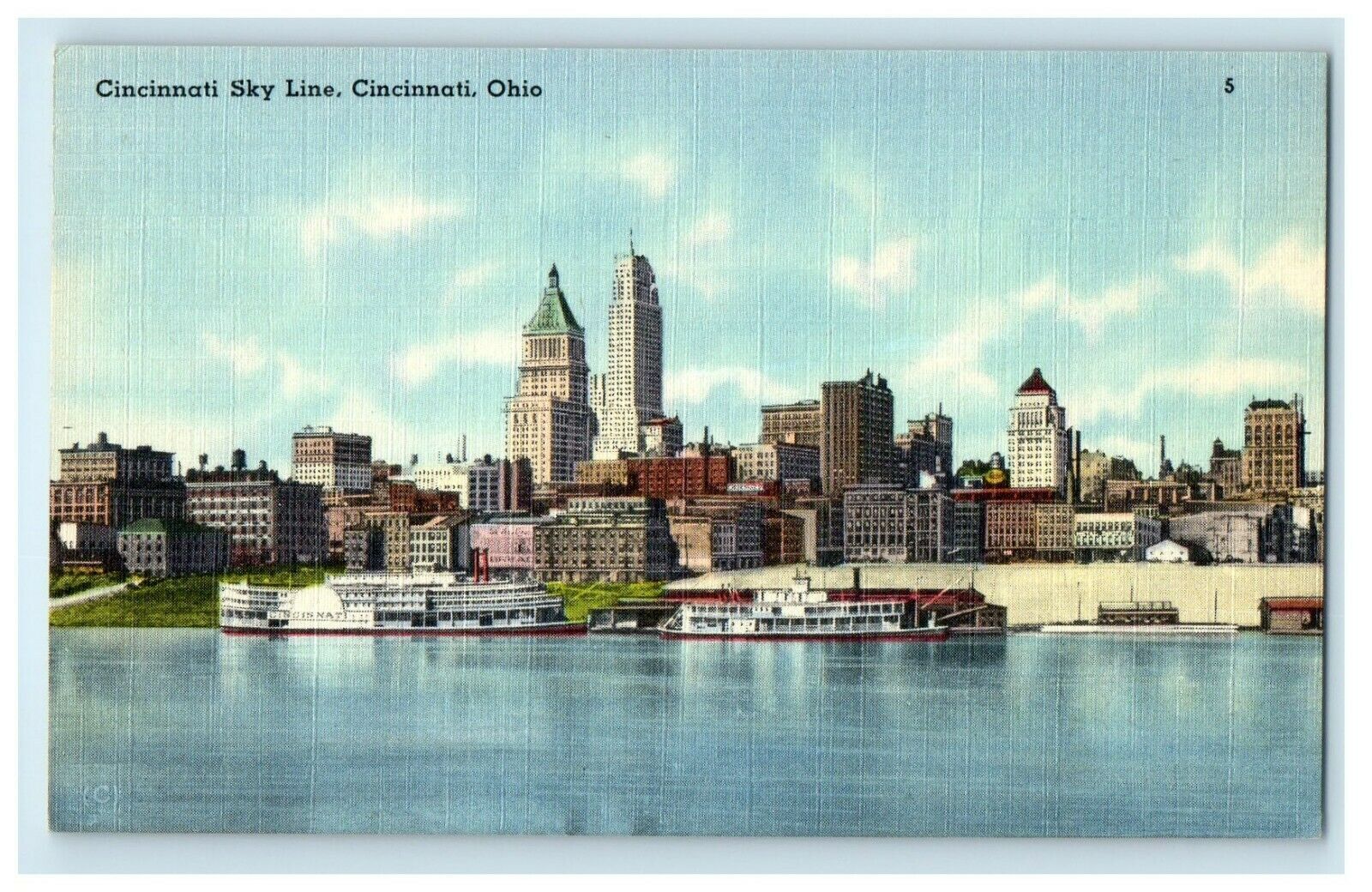 c1940's Bird's Eye View Of Cincinnati Sky Line Steamboat Ship Ohio OH ...