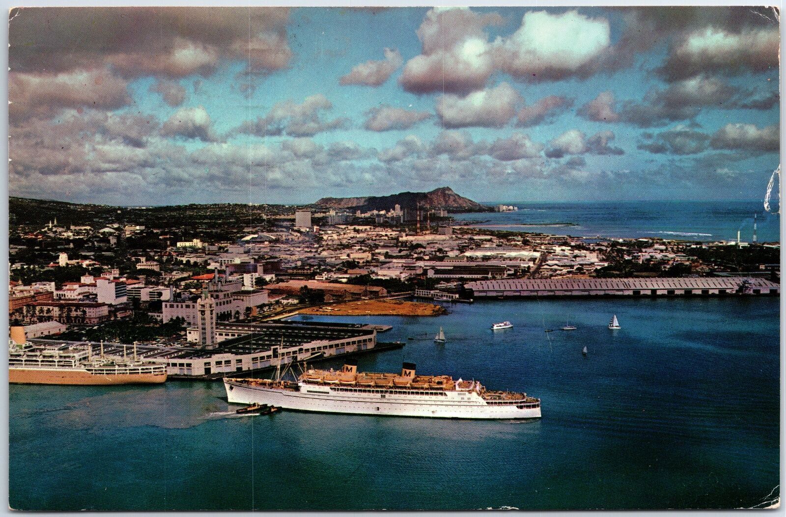 Vintage Postcard Honolulu Harbor Aerial View of Diamond Head Posted ...