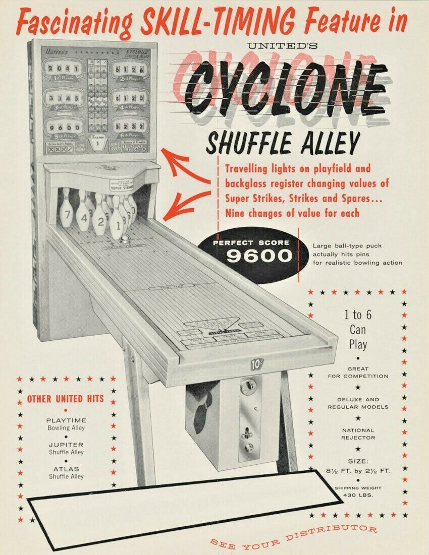 Cyclone Arcade Flyer 1958 United Shuffle Alley Bowling Alley Game Art 8 ...