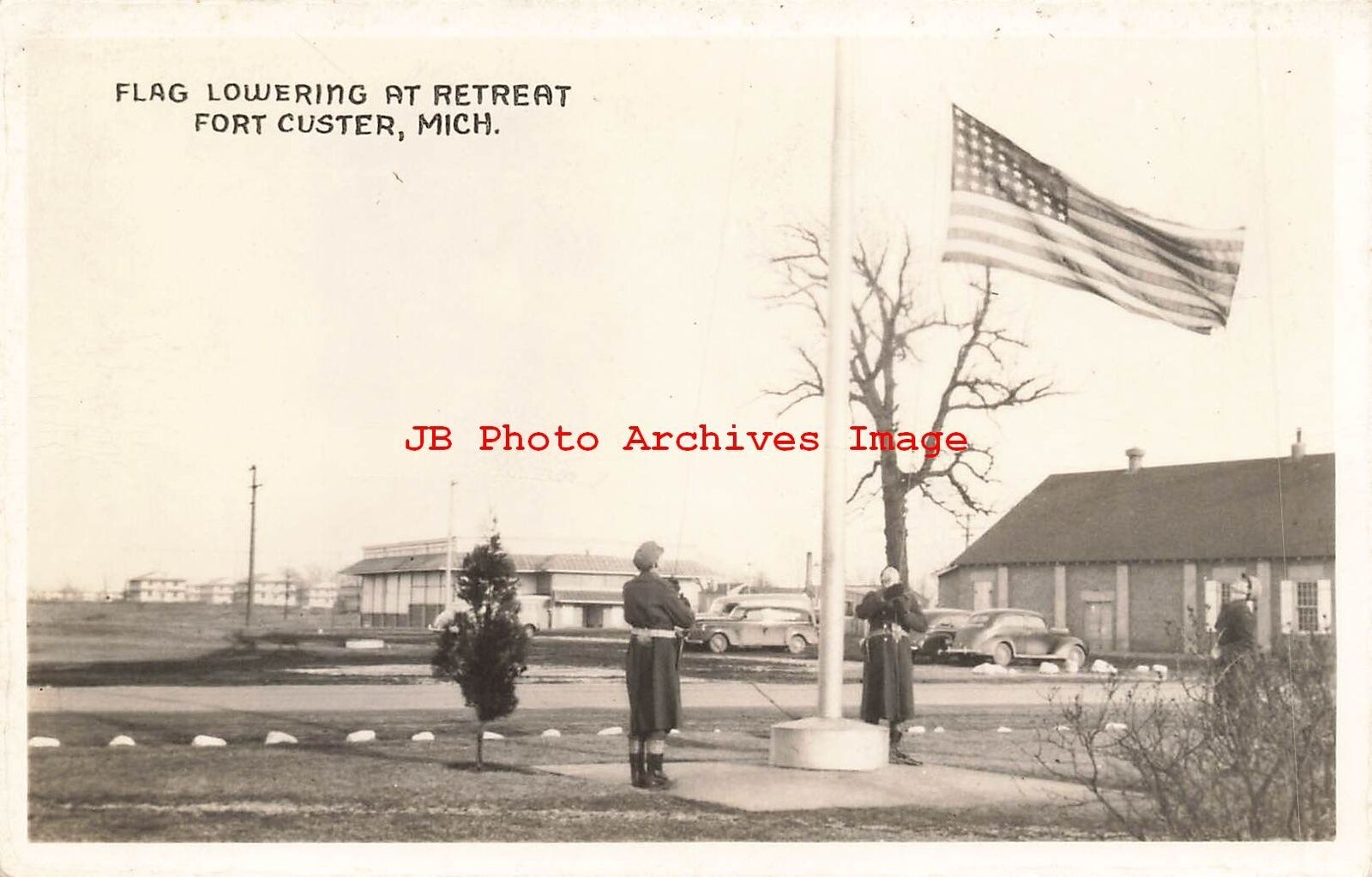 MI, Battle Creek, Michigan, RPPC, Fort Custer, Flag Lowering at Retreat ...
