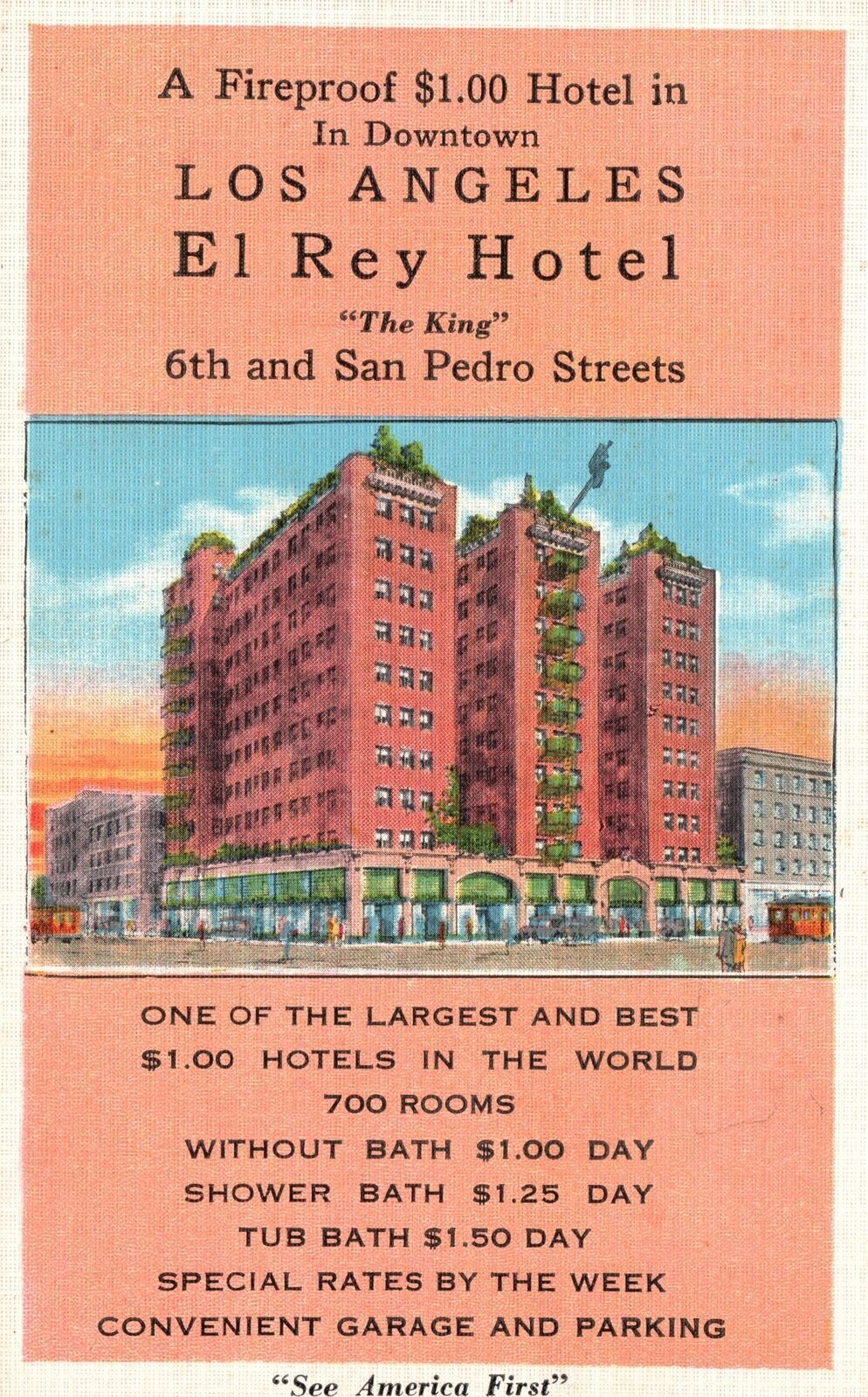 Vintage Postcard Finest Moderate Priced El Rey Hotel Los Angeles ...