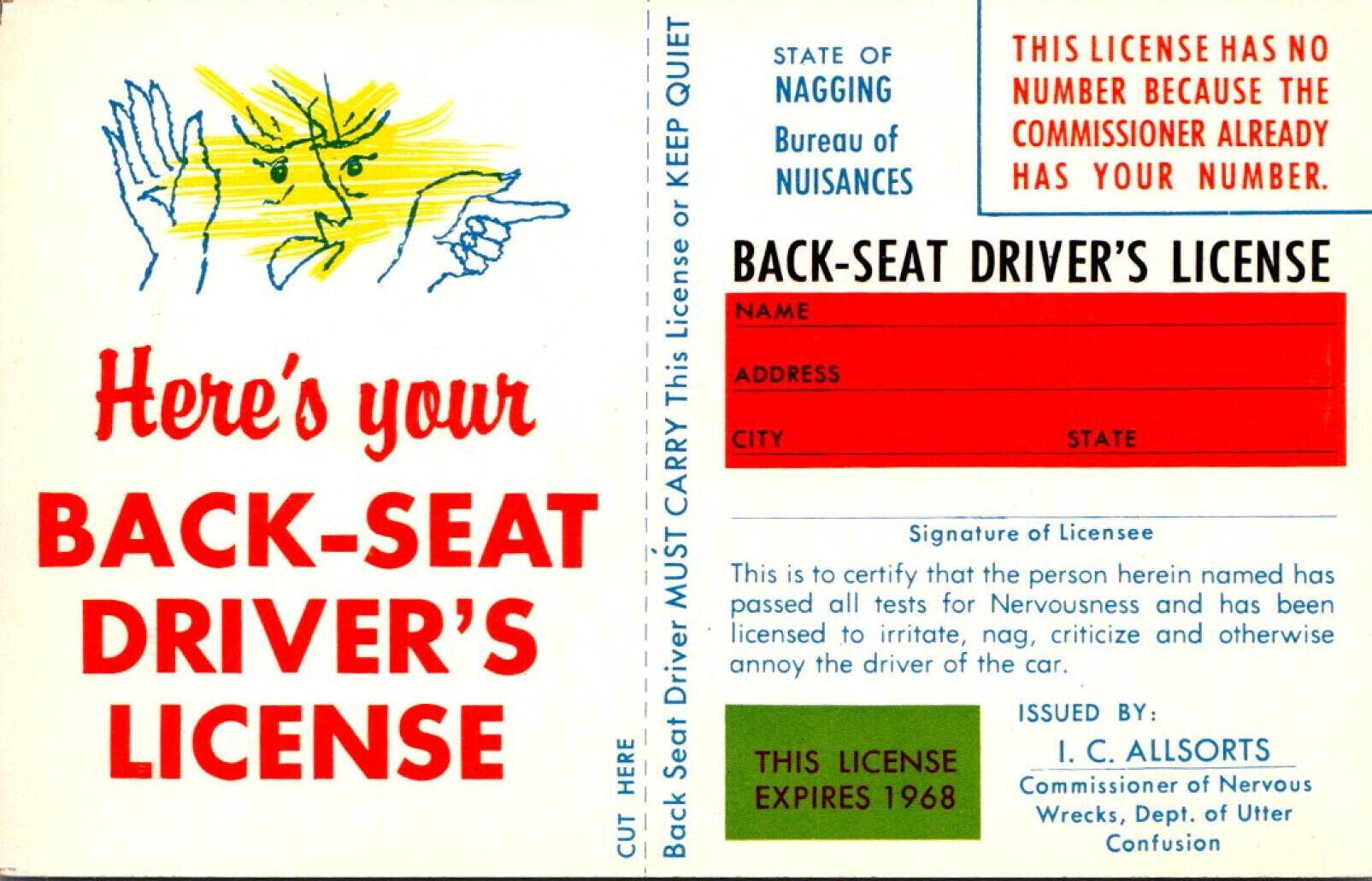 Humour Back Seat Driver's License | Topics - Humour, Postcard / HipPostcard