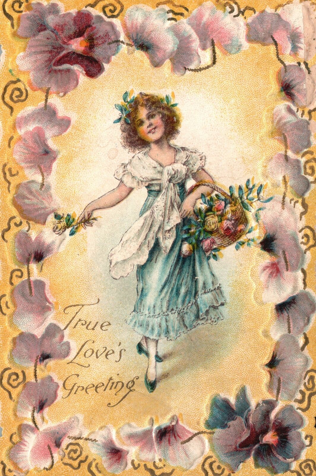 Vintage Postcard 1900s True Love's Greetings Card Pretty Girl in Dress ...