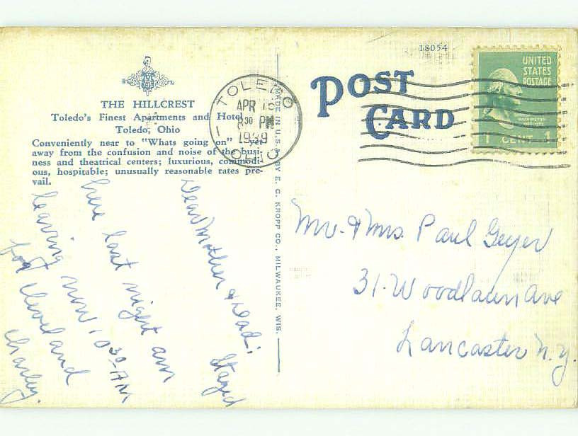 Linen SHOPS ON STREET & HILLCREST HOTEL Toledo Ohio OH HQ3784 | United ...