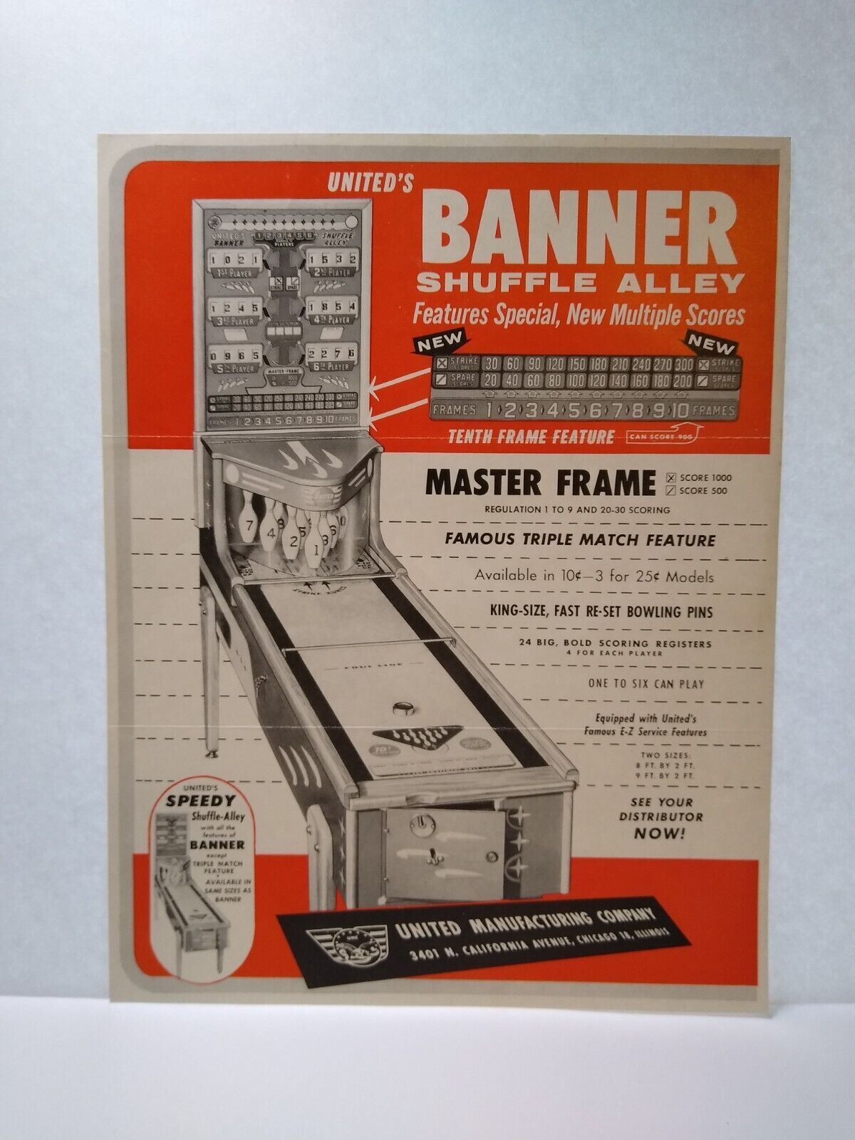 Banner Arcade Flyer 1954 Original Vintage United Shuffle Alley Game Art ...