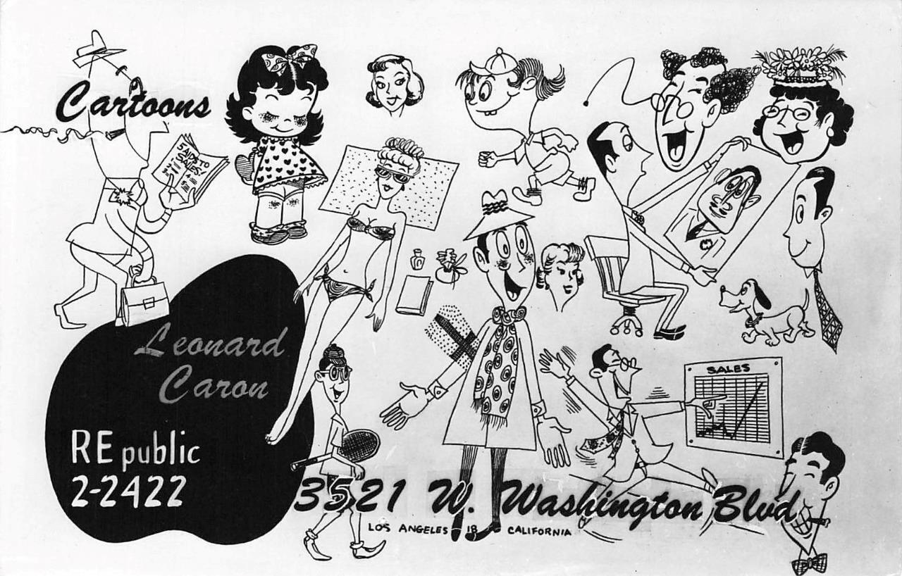 RPPC Leonard Caron Cartoons Comic Los Angeles, CA Ad c1950s Vintage ...