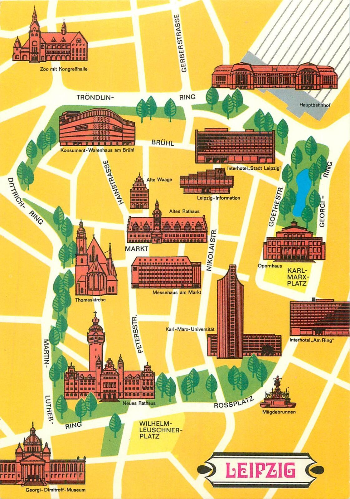 Postcard Germany city map Leipzig tourist sites and attractions ...