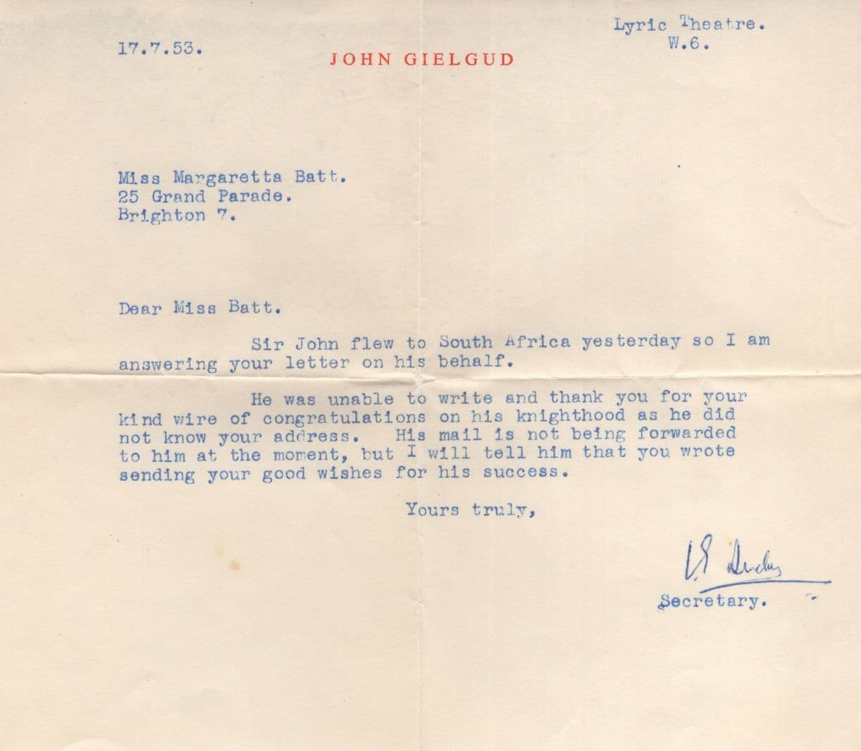 John Gielgud Knighthood Letter Of Congratulations Secretary Hand Signed ...