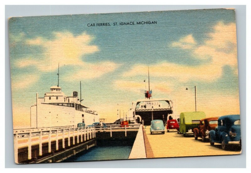 Vintage 1949 Postcard Antique Cars Pull Onto Car Ferries St. Ignace ...