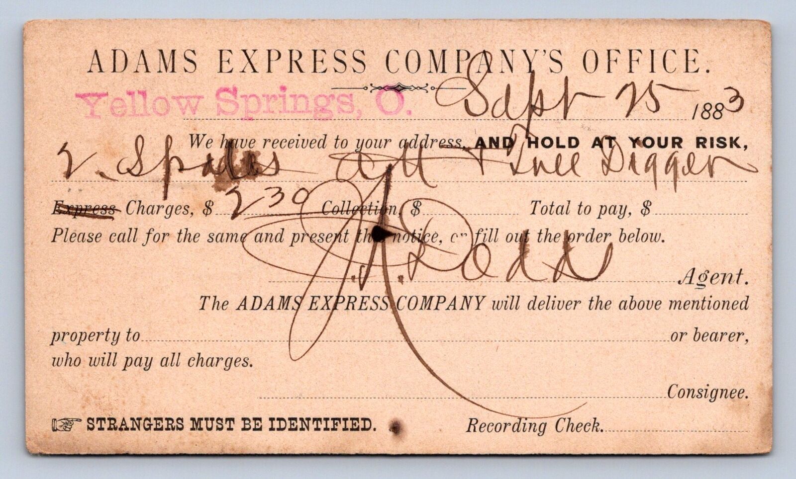 J99/ Yellow Springs Ohio Postcard Postal Card c1880s Adams Express Co ...
