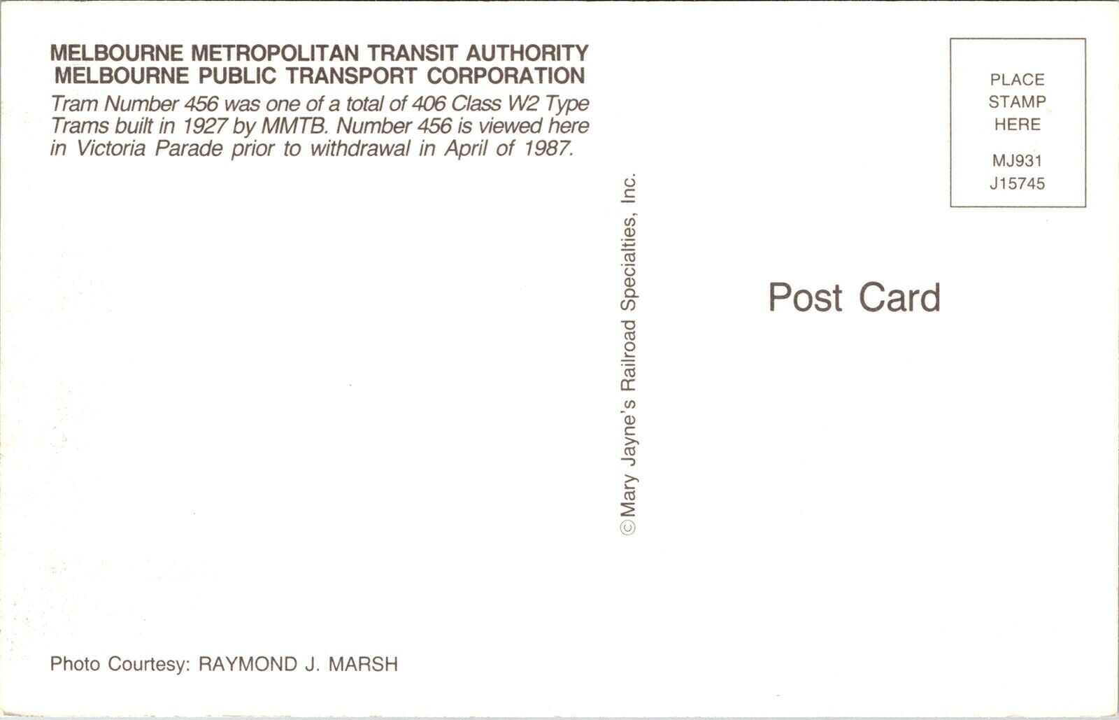 Melbourne Metro Transit Authority Tram Victoria Parade Postcard VTG UNP ...