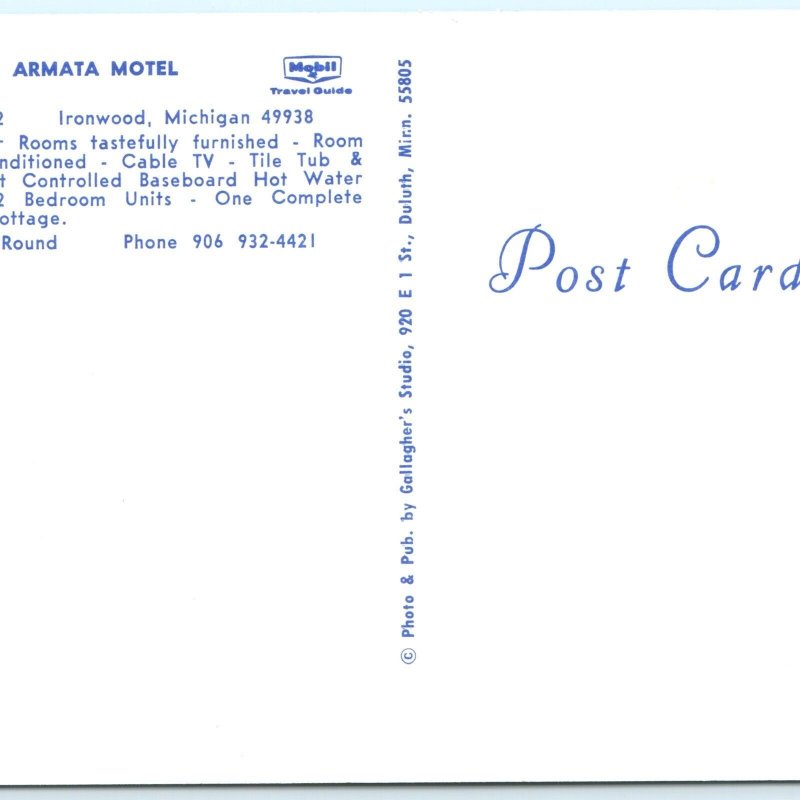 c1950s Ironwood, MI Armata Motel Hwy 2 Mobil Chrome Photo PC MCM Neon ...
