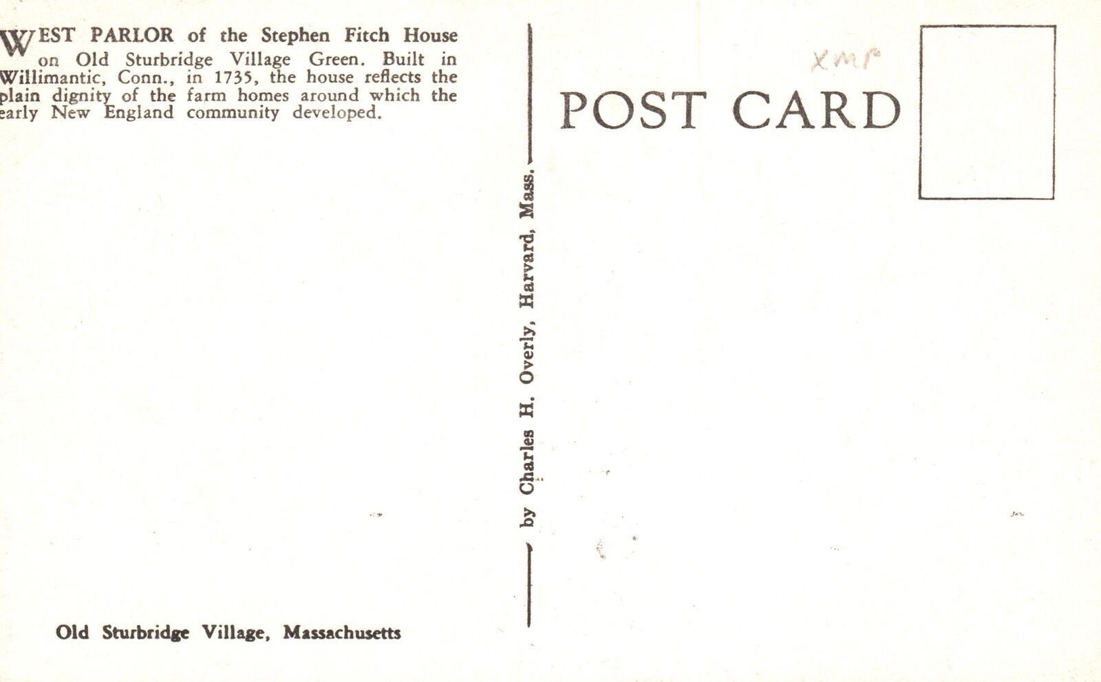 Vintage Postcard West Parlor Stephen Fitch House Sturbridge Mass ...