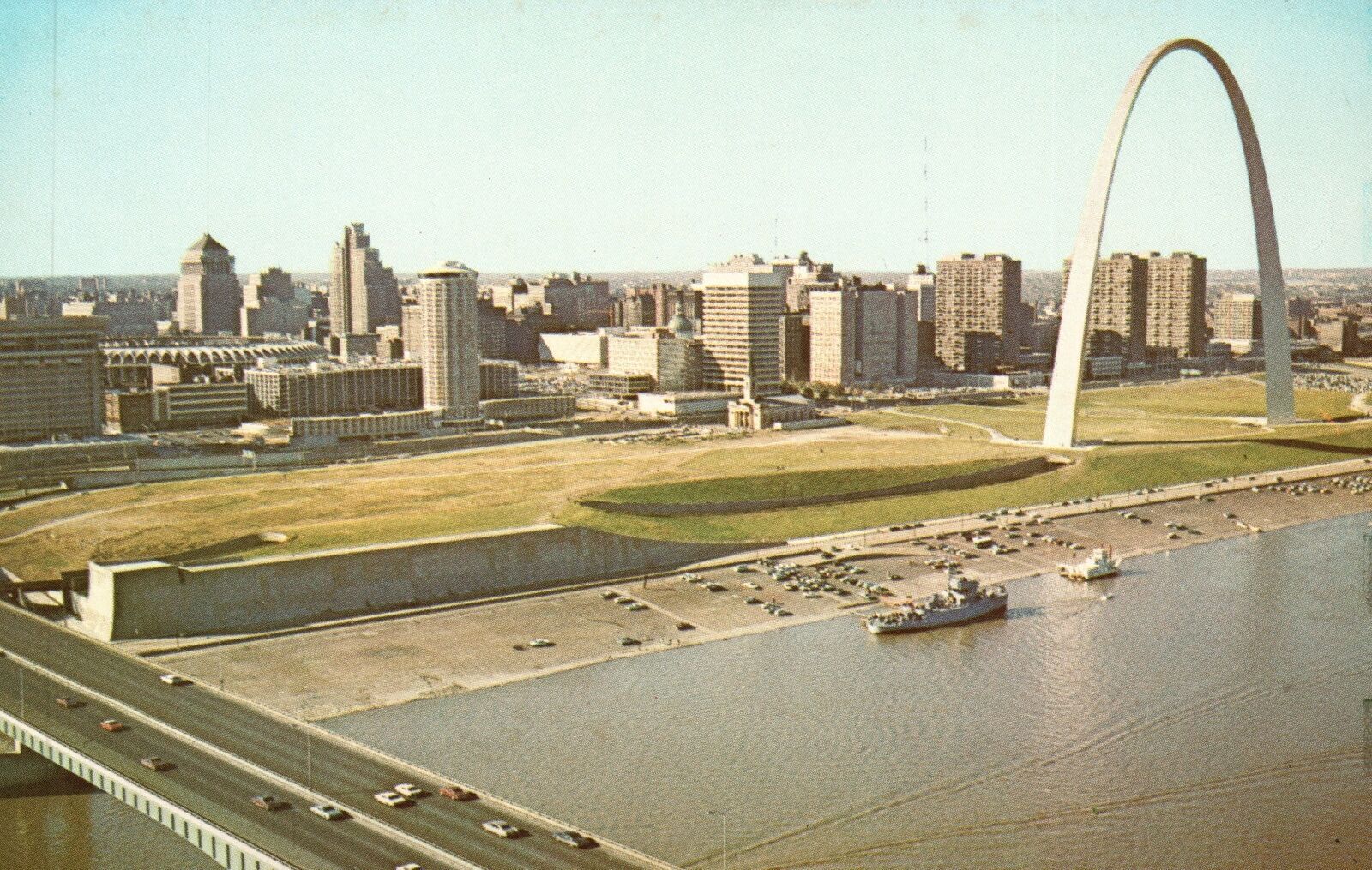 Vintage Postcard Poplar St. Bridge Aerial Skyline Connecting St. Louis ...