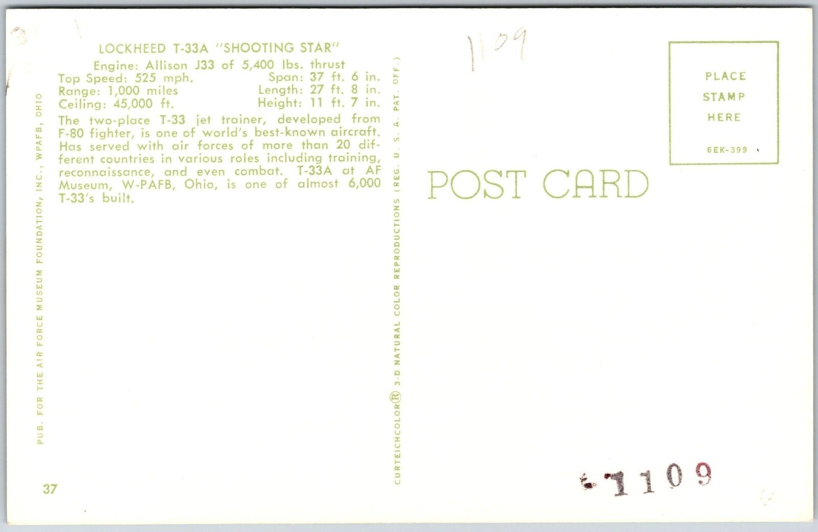 Lockheed T-33A Shooting Star Aircraft Jet Trainer Fighter Postcard ...