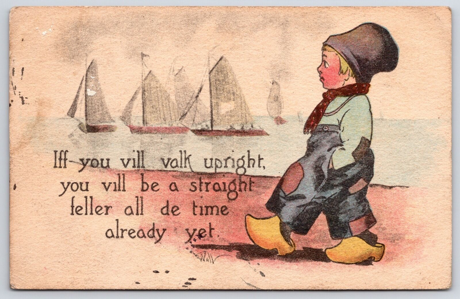 1914 If You Will Walk Upright Cute Boy Walking At Beach Sailboat Posted ...